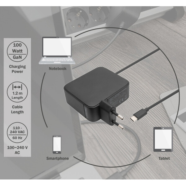 DIGITUS Notebook-Ladegerät USB-C, 100 Watt GaN, schwarz | Kopierpapier.de